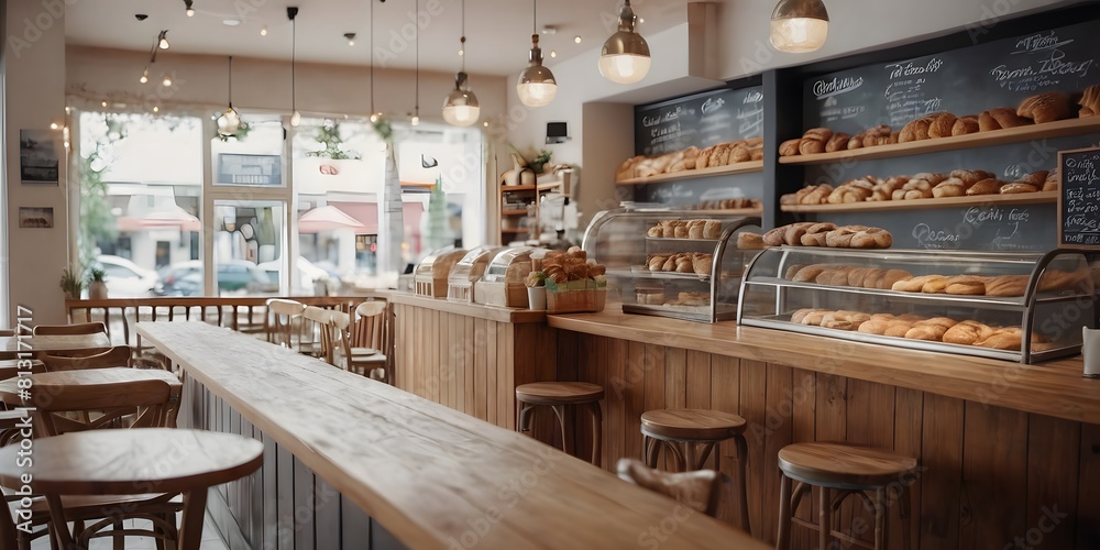 Bistro cafe with a clean white counter, a tempting bakery display, and ...