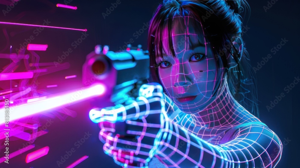 Neon glow cyborg woman prepares to shoot with a gun Background ...