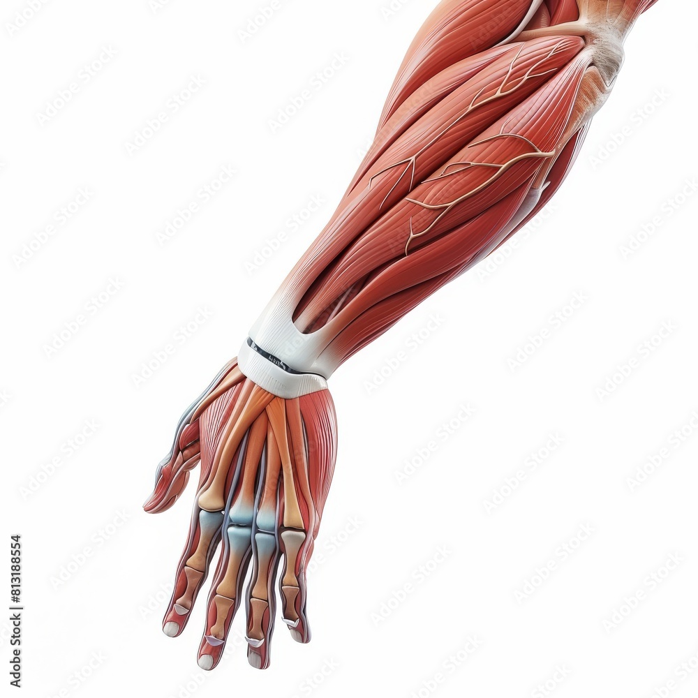 3D realistic illustration of the arm muscular system on a white ...