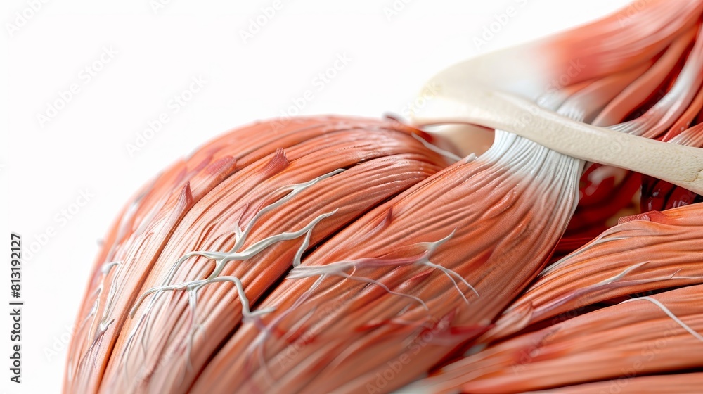 3D realistic illustration of the shoulder muscular system on a white ...