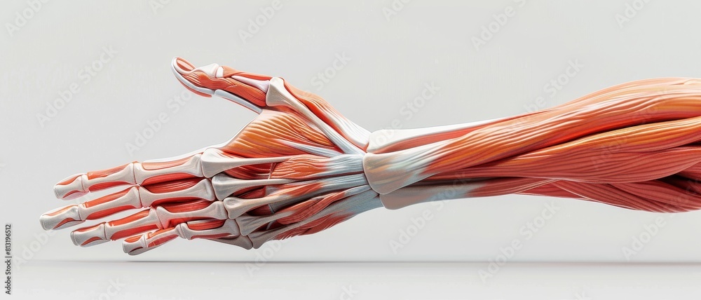 3D realistic illustration of the wrist muscular system on a white ...