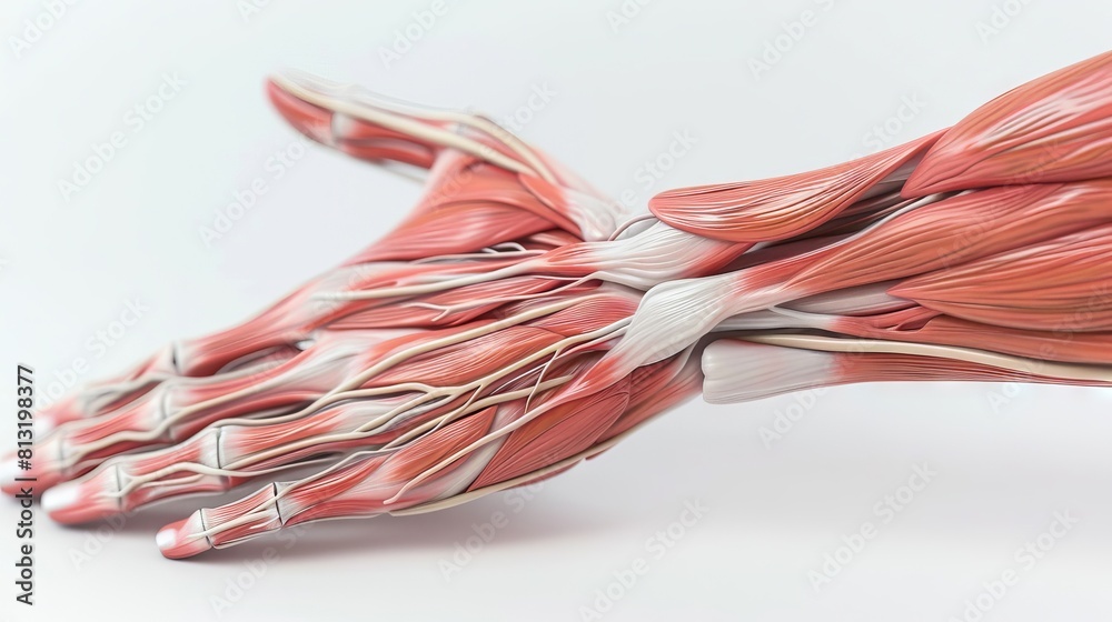 3D realistic illustration of the wrist muscular system on a white ...