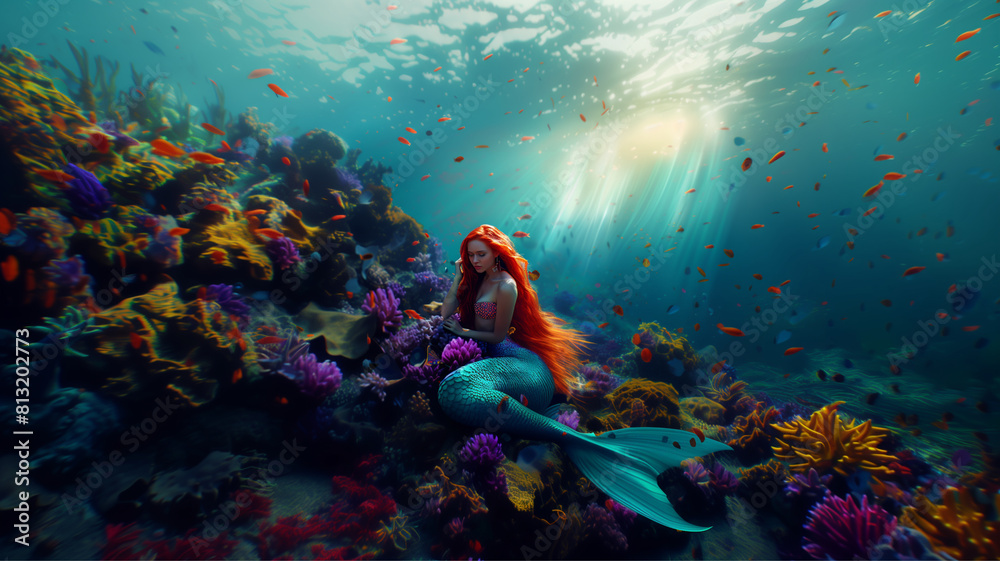 beautiful mermaid swimming underwater with light shining through the ...