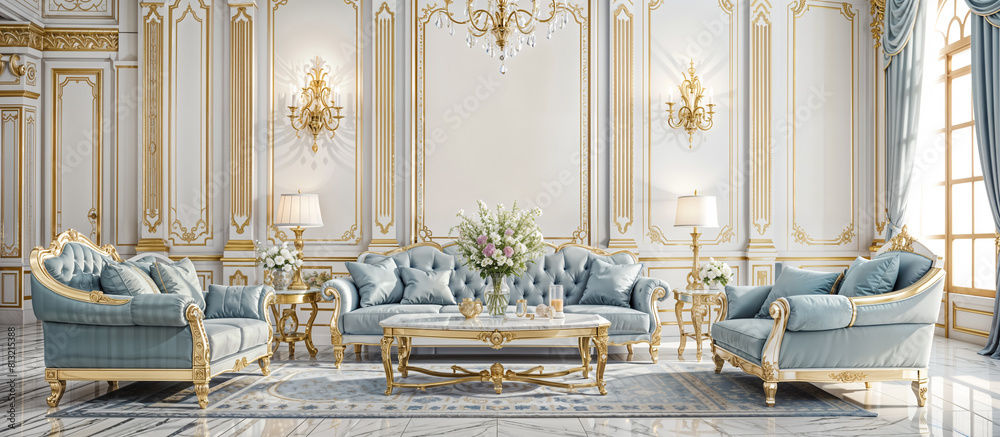 Illustration Stock Classic Rococo Style Drawing Room with Blue and Gold ...