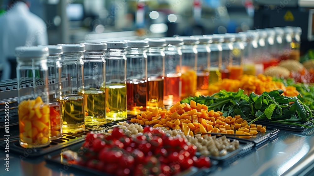 various food samples are organized on a lab table for quality control ...