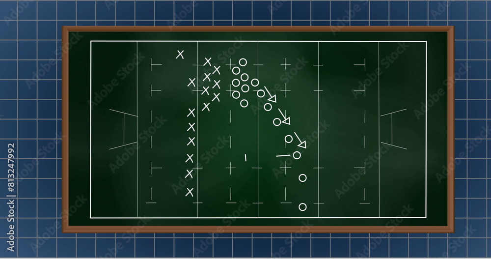 Image of a school board showing football play diagrams with x and o ...