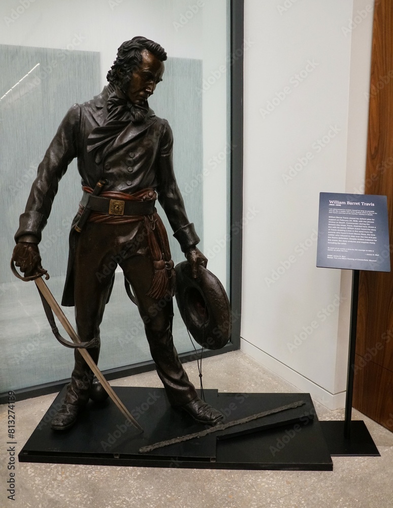 San Antonio, Texas, U.S - April 9, 2024 - The statue of William Barret ...