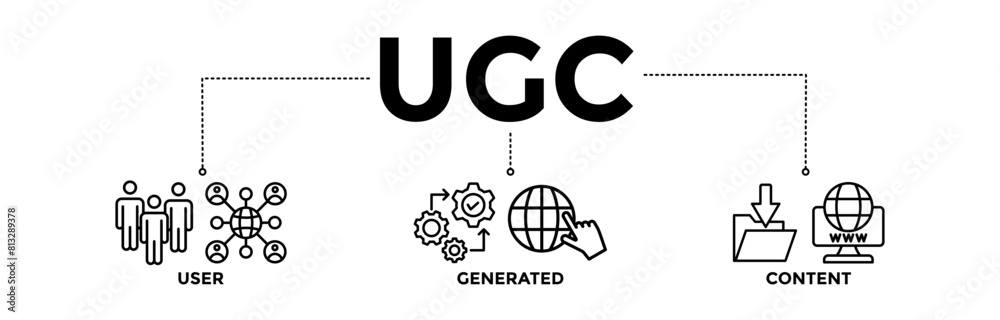 UGC banner icons set for user-generated content with black outline icon of people, network ...