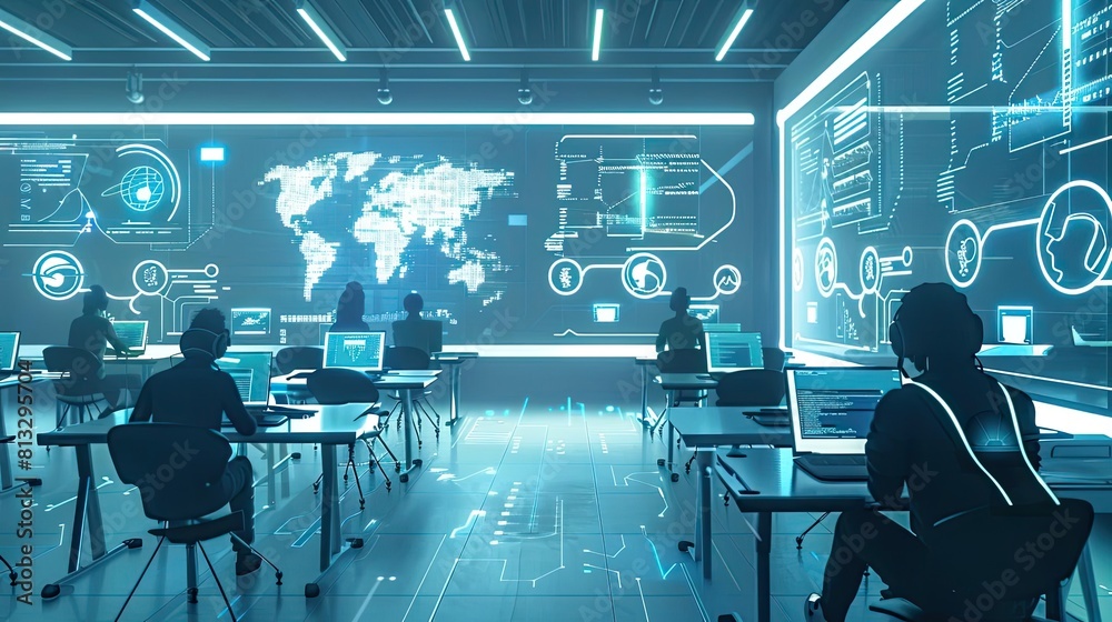 Metaverse education side view, illustrating a virtual classroom setup ...