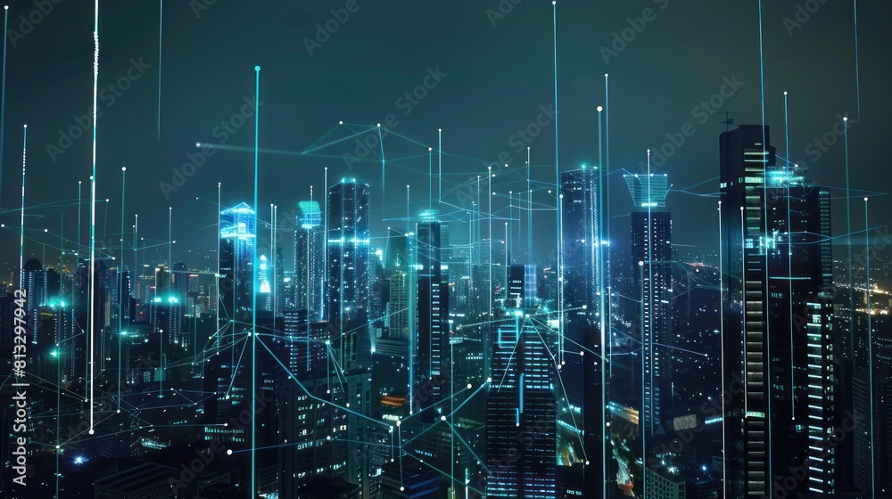 smart city connected with lines and dots, big data connection technology metaverse concept. City ...