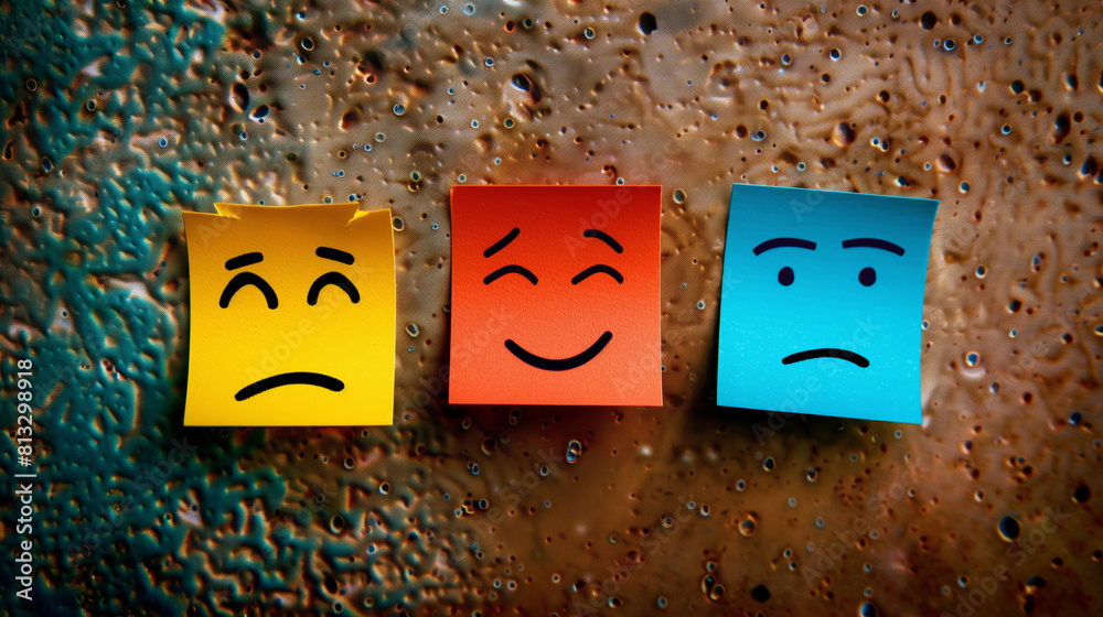 Yellow, red, and blue paper notes with different expressions depicting ...