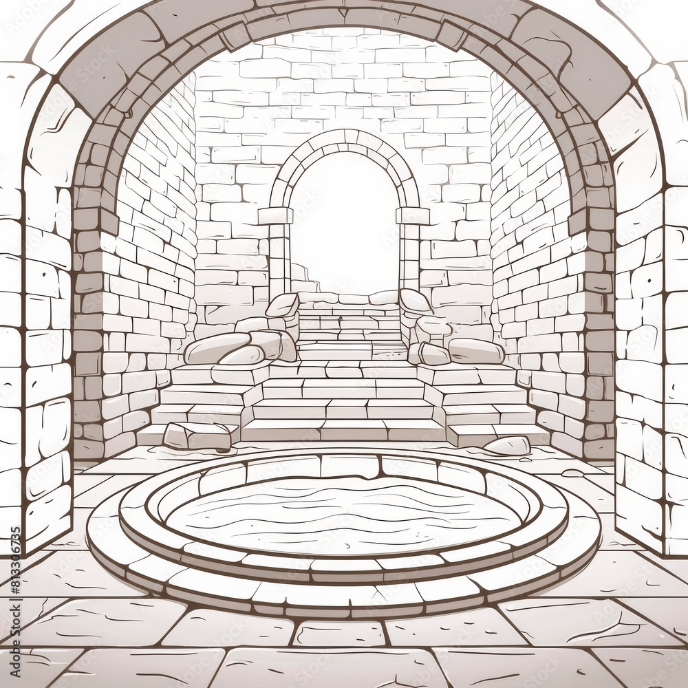 monochrome colouring page illustration of a Well in the inner courtyard ...