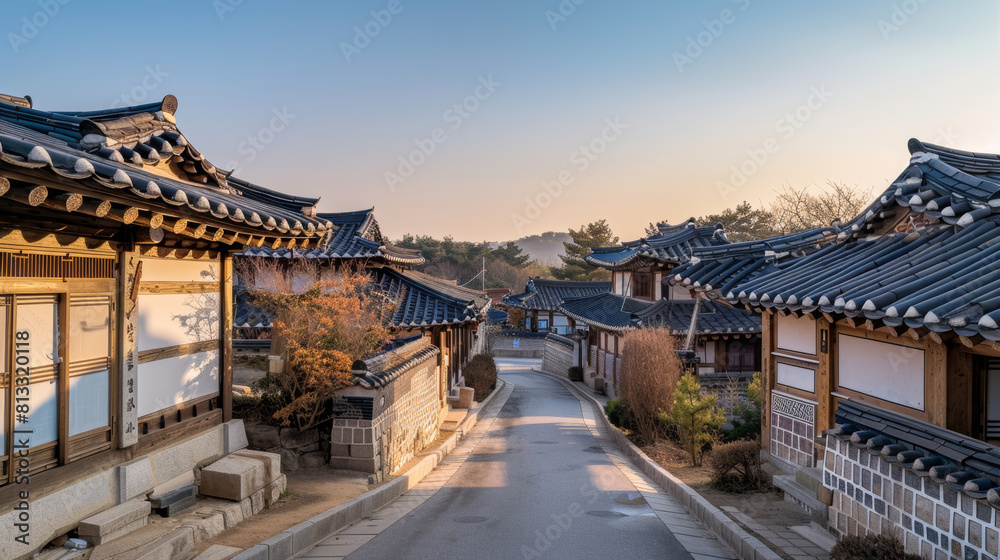 Warm daylight scene of a historic Korean village street, traditional ...
