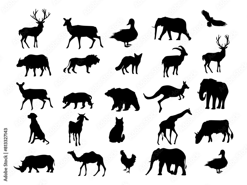 Zoo animals silhouette vector illustration. Wildlife Africa safari ...