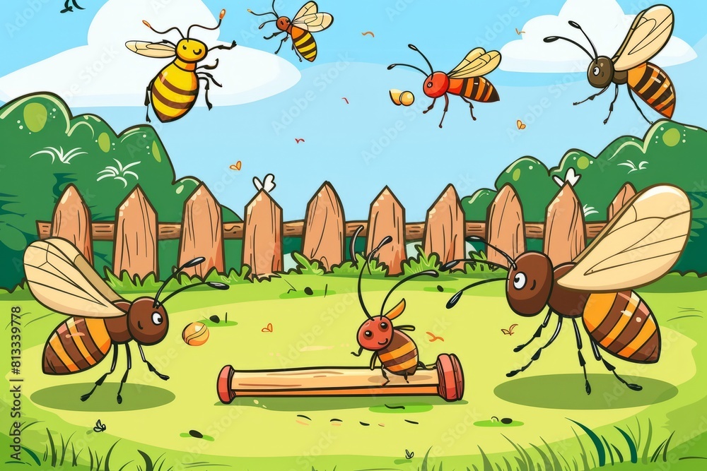 Cartoon cute doodles of a cricket match played by insects in a meadow ...