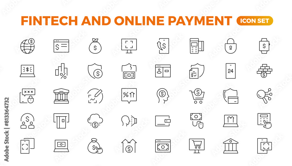 Set of fintech modern icons. Simple line art style icons pack. Vector ...