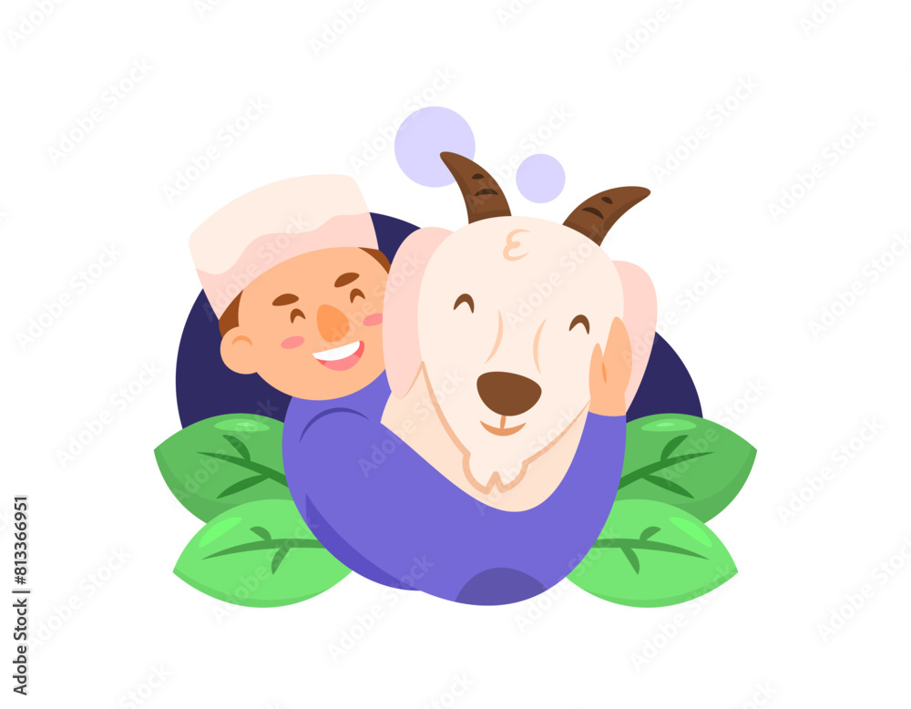 illustration of a Muslim man with a goat. Eid al-Adha celebration. boy ...
