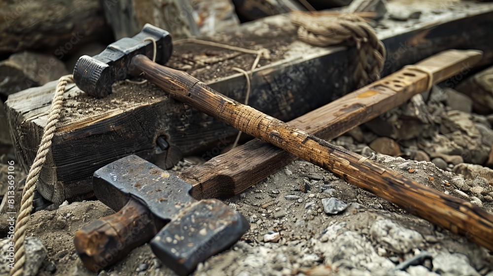 Outdoor photograph featuring large, ancient masonic tools including a ...