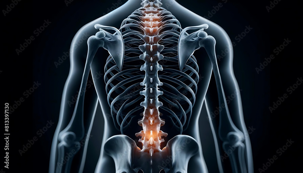 X-ray photograph of the spine showing the arrangement of bones and ...