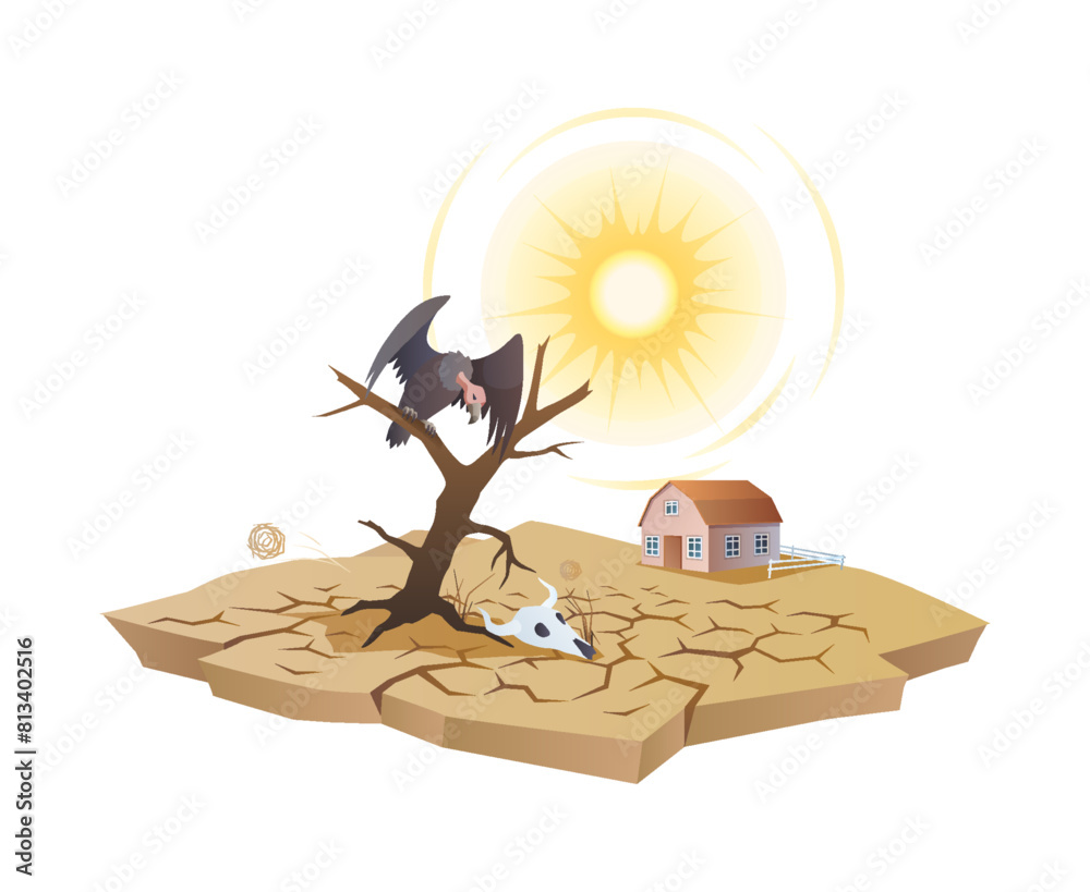 Long term drought at countryside 2D cartoon objects. Cracked ground and ...