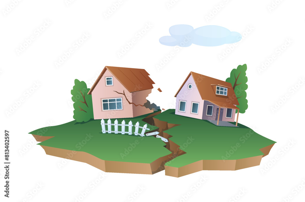 Deep trench between houses after earthquake 2D cartoon objects ...