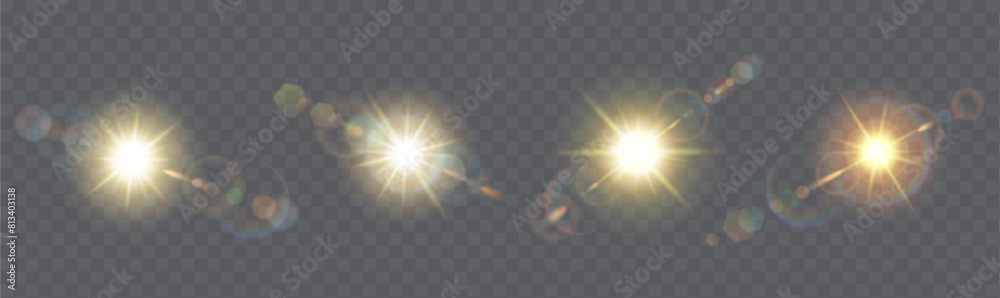 Sunlight glare effects realistic vector illustration set. Sunbeams ...
