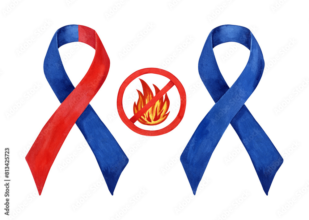 Watercolor red and blue ribbons with fire set. Symbol of International ...