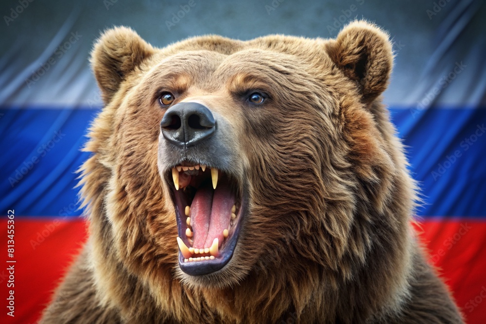 The state symbol of Russia. An angry, growling Bear on the background ...