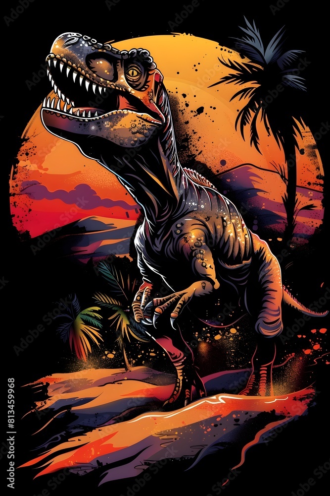 Allosaurus Hunting Across Jurassic Desert Landscape in Synthwave Bright ...