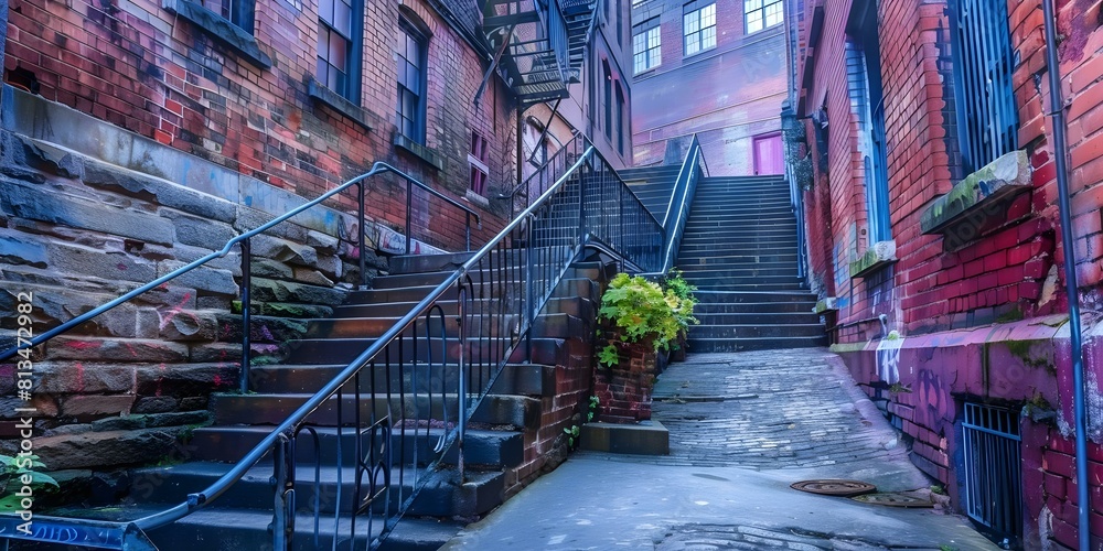 Urban setting with gritty brick warehouse buildings iron railings and ...