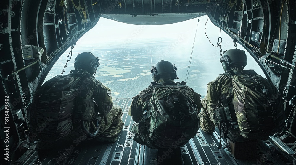 Special forces paratroopers descend from an aircraft, ready for ...