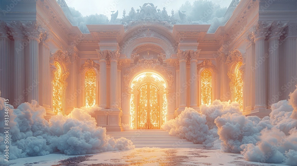 Heaven's gate. Grand celestial gate towering amidst the white clouds ...