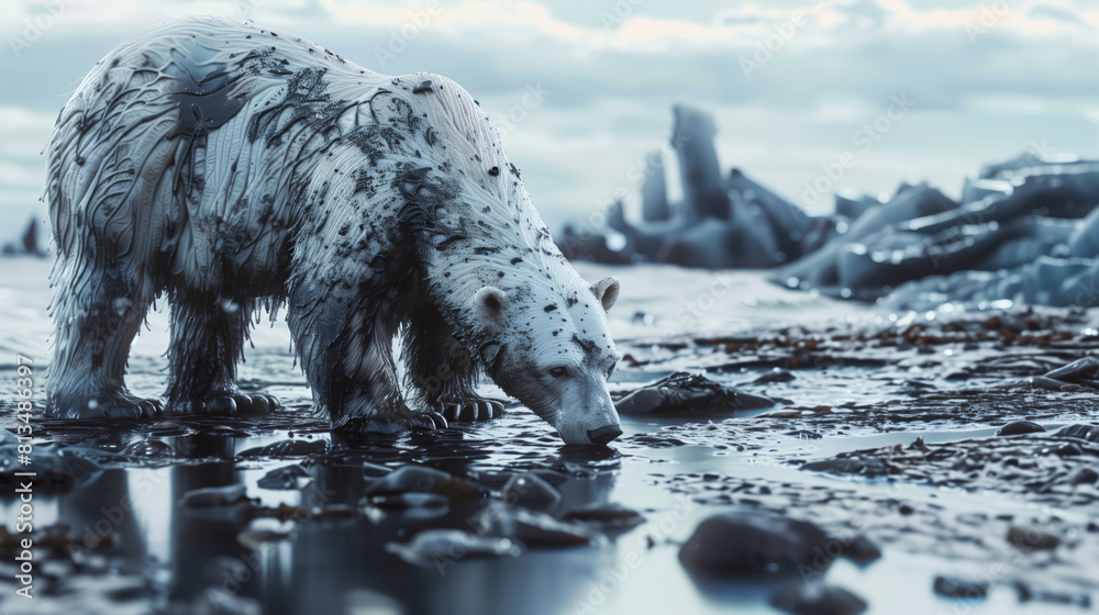 A polar bear covered in oil drinks water from the ocean. Ocean ...