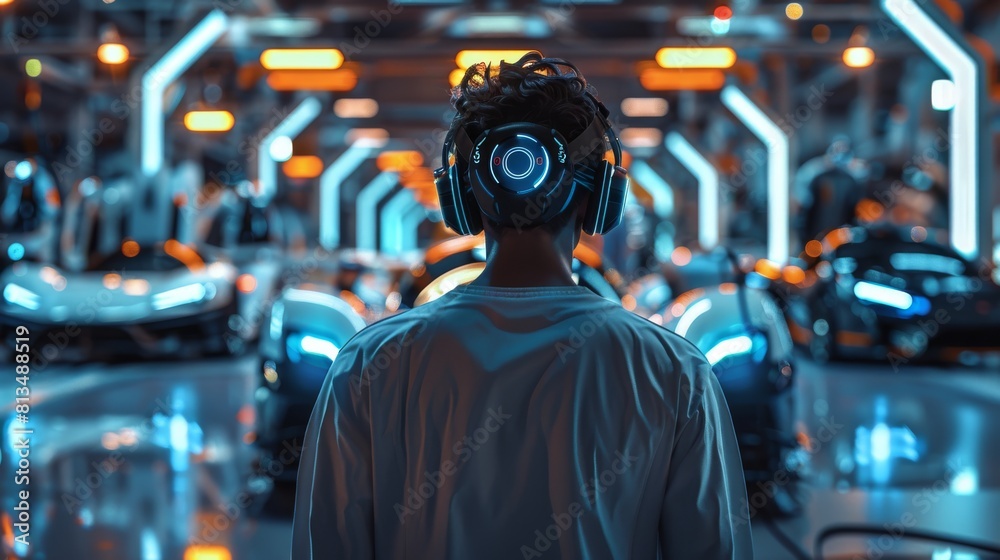 A casually dressed male with small futuristic bluetooth headset ...