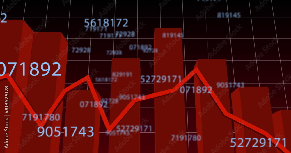 Red graph line showing decline among numbers on dark background Stock ...