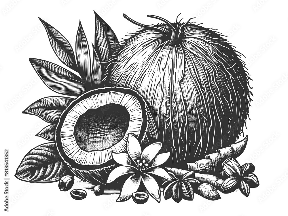 Coconut whole and sliced, a tropical fruit staple sketch engraving ...
