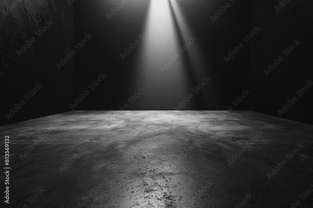 Spotlight in a dark room with concrete floor and brick wall. Dark room ...