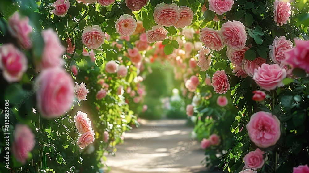 Crowns of pink and white roses arch over the garden, creating a ...