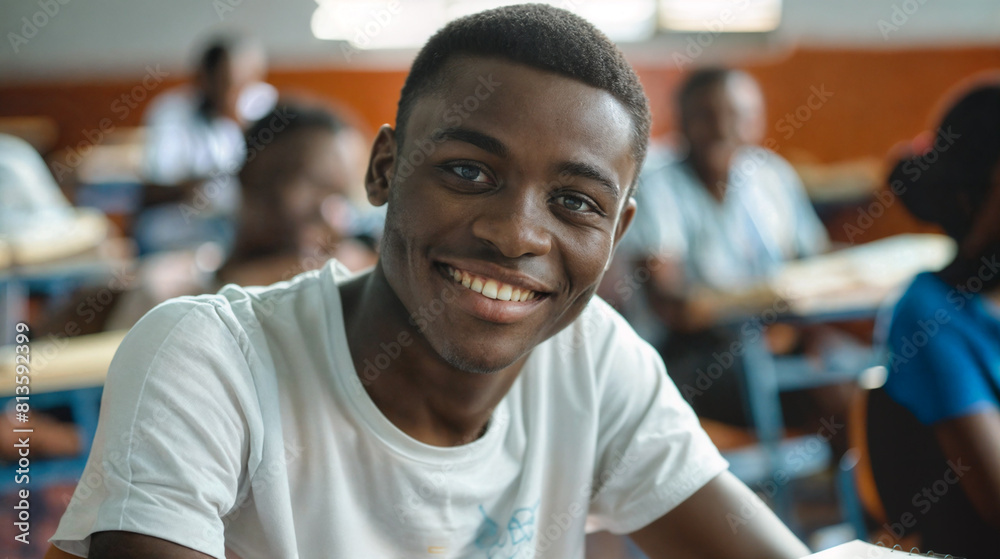 Smiling student sitting in class. Education at school and university ...