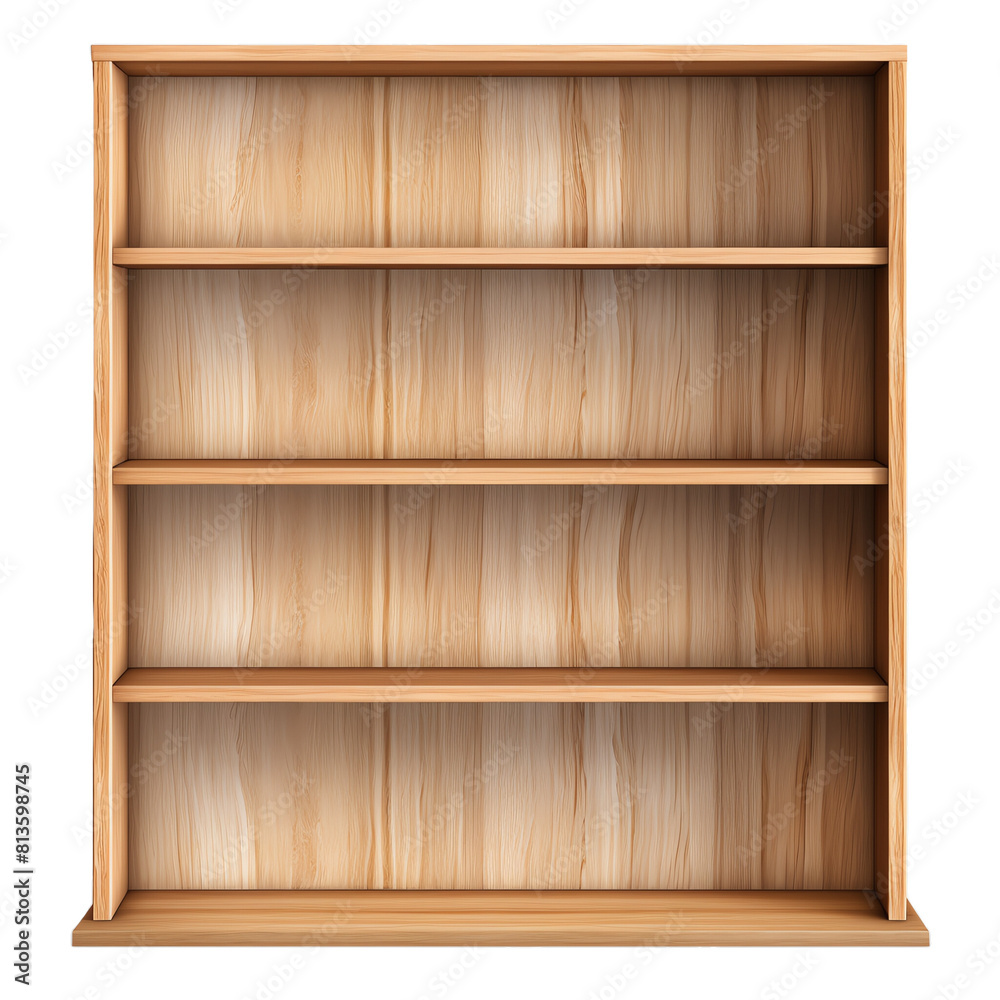The photo shows an empty wooden bookshelf isolated on a transparent ...