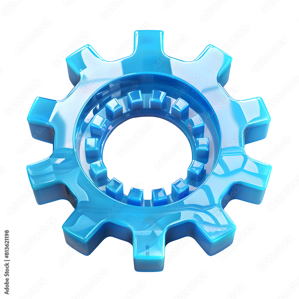 A blue gear icon on a transparent background in a simple style with a ...