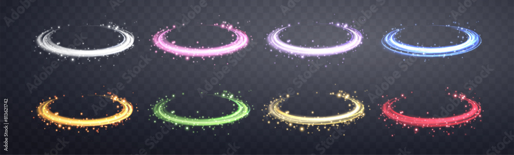 Glowing magic rings set. Neon realistic energy flare rings with ...