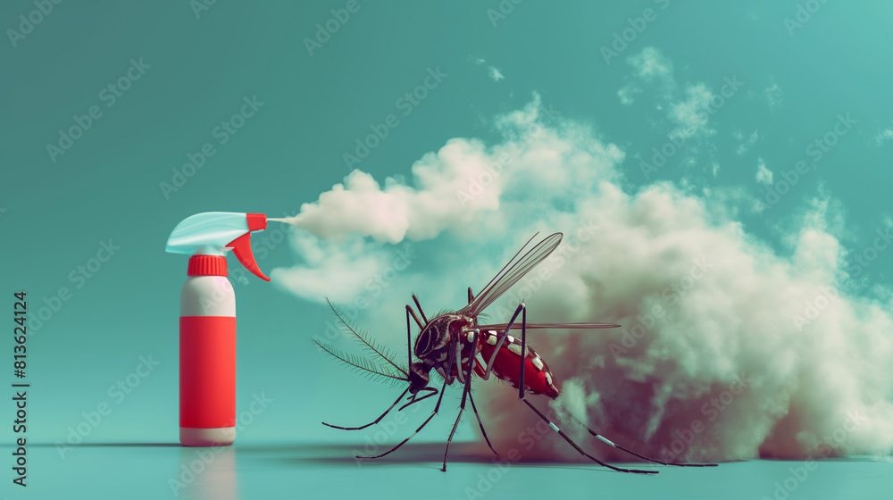 Cartoon style 3d scared mosquito and anti-mosquito spray. Mosquito in ...