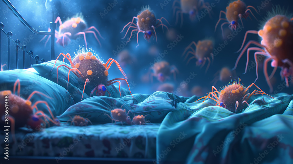 Стоковая иллюстрация «Bed bugs or mites crawling on the bed linen ...