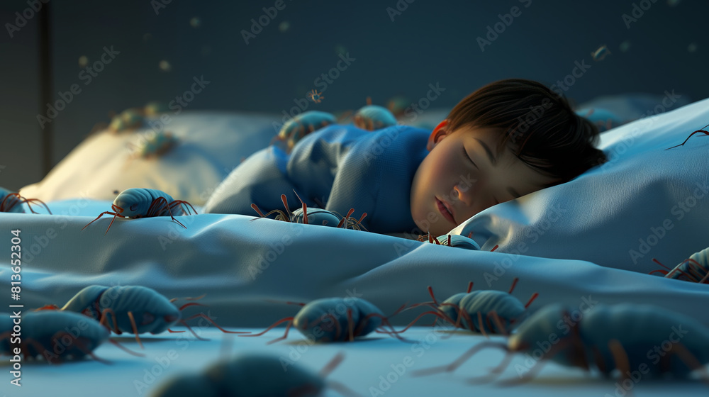 Bed bugs or mites crawling on the bed linen, where child is sleeping ...