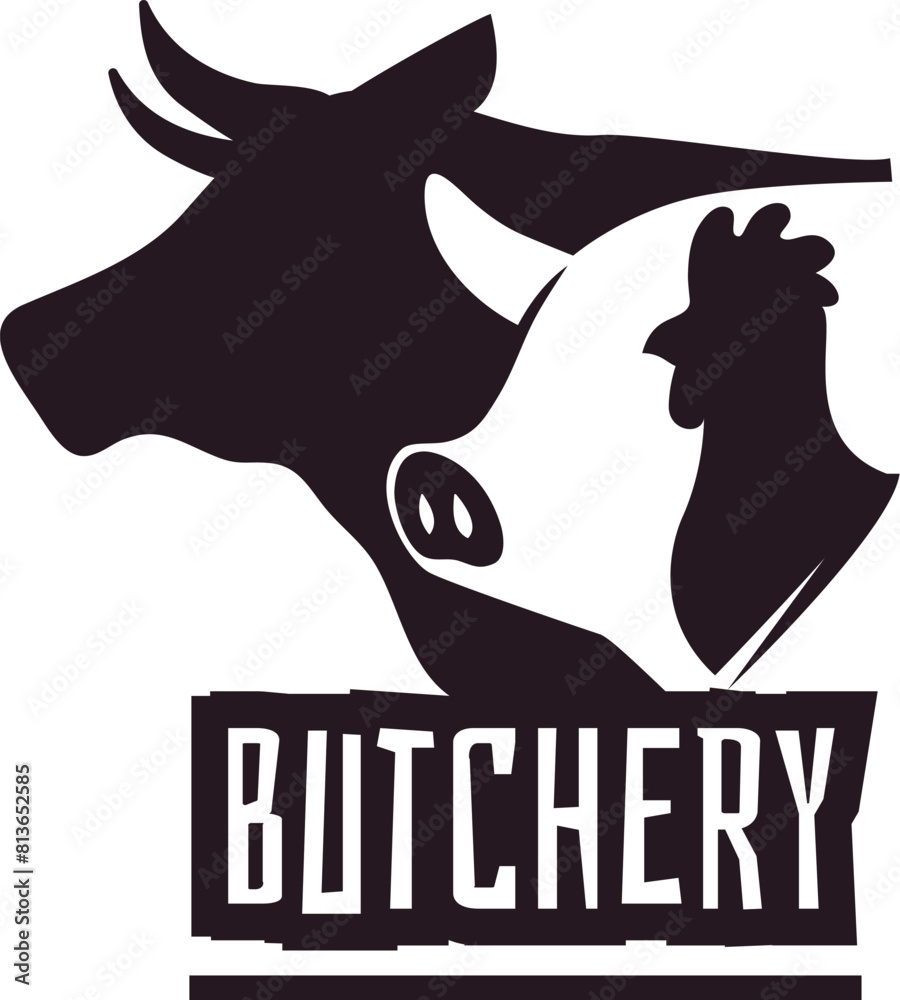 Butcher logo. Logotype design with black silhouettes, cow pig and ...