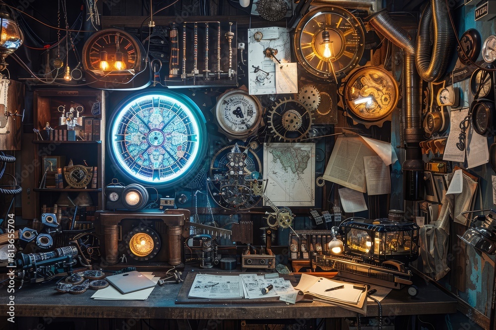 Steampunk-Inspired Inventor's Workshop with Time Traveling Gear Stock ...