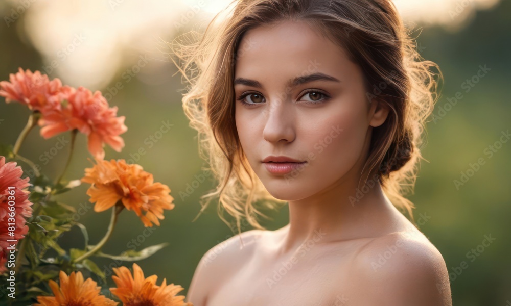 Beautiful girl portrait with nake shoulders and wildflowers against the ...