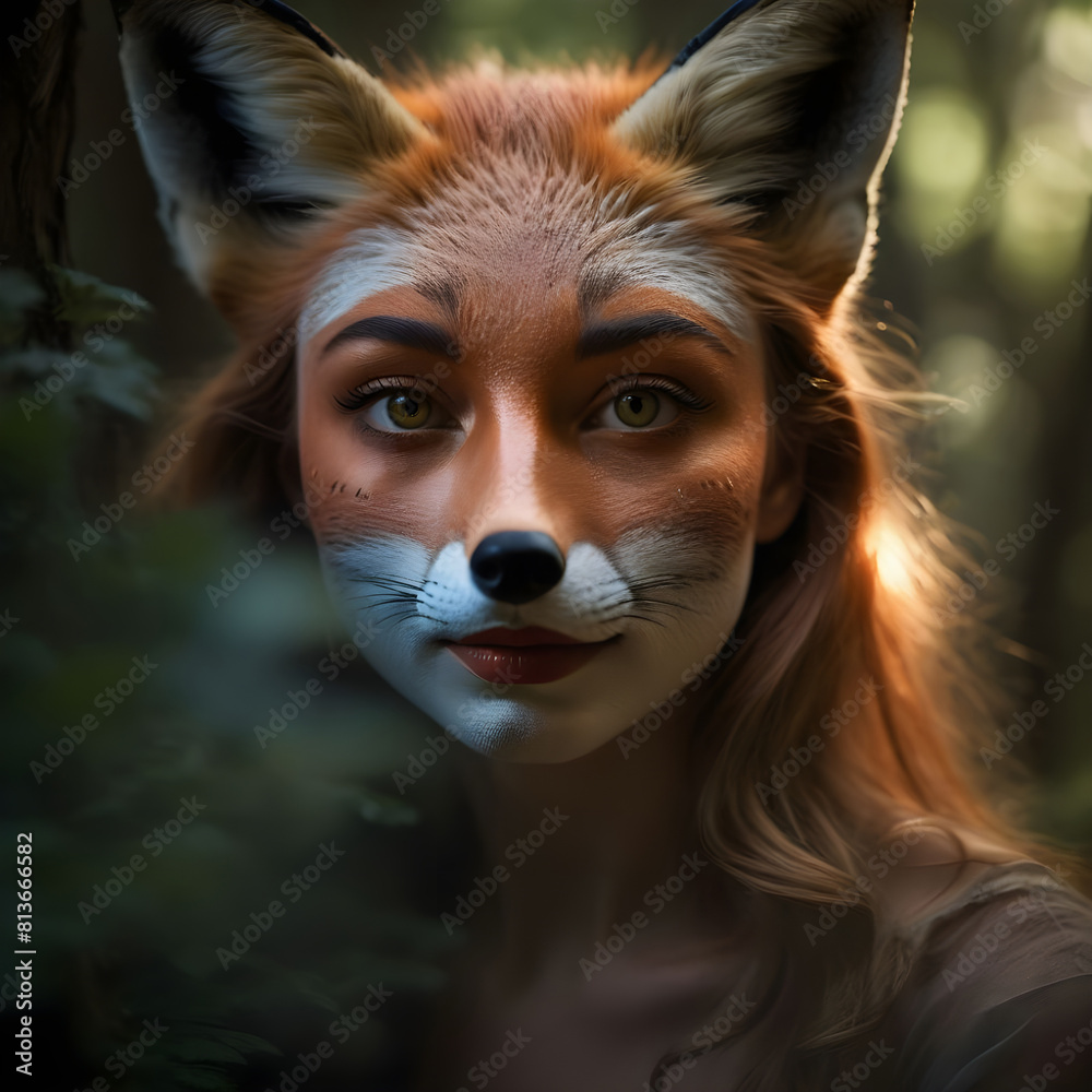 Beautiful young women, half fox She was transforming in the forest ...