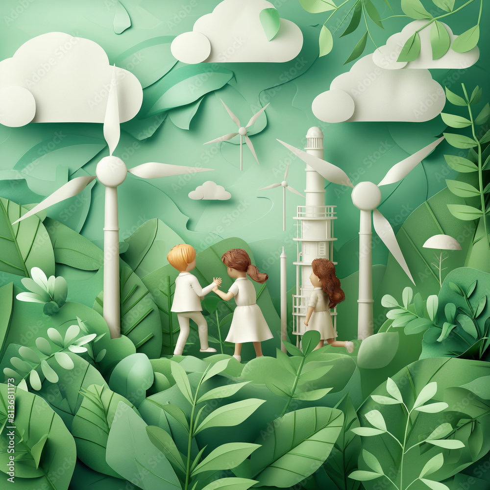 Green energy. Illustration of children playing in a field of wind ...